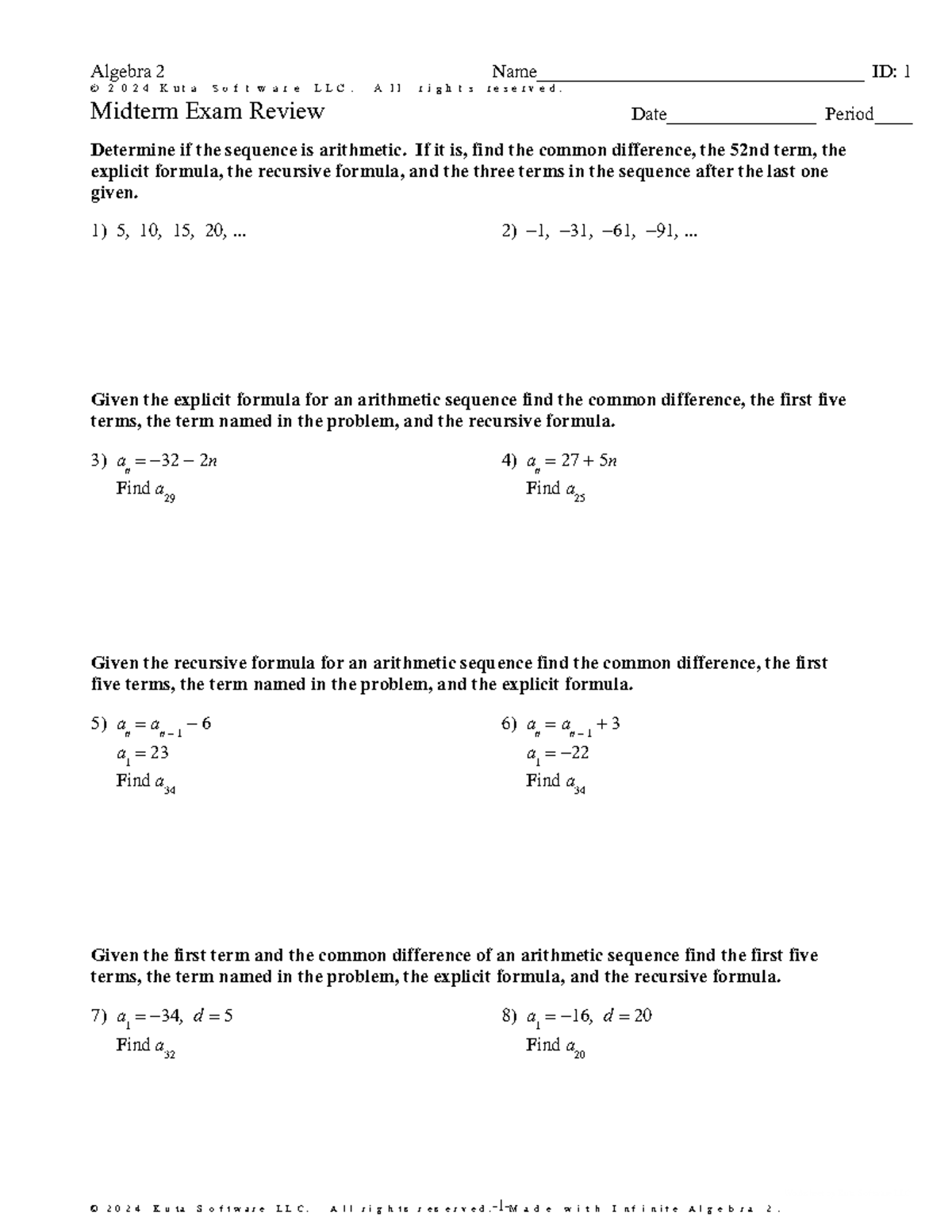 Midterm Exam Review for Algebra 2 (2023-2024) - Studocu