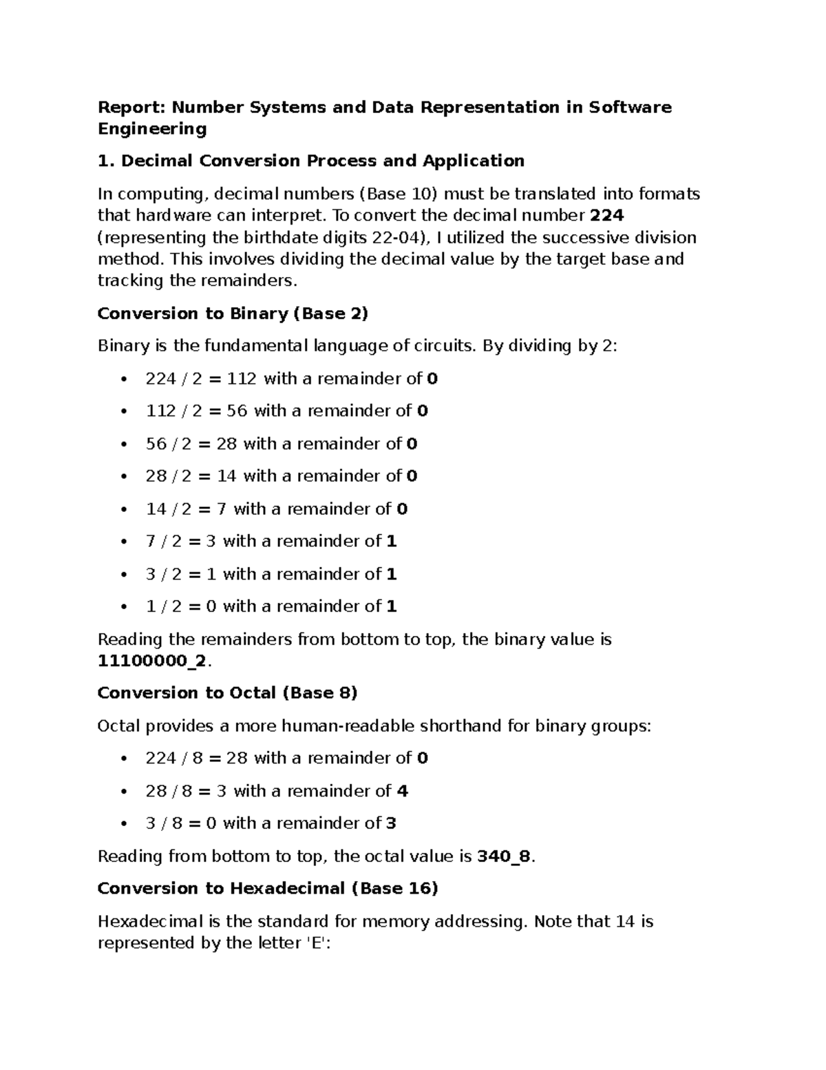 Number Systems and Data Representation in SE1: Assignment Report - Studocu