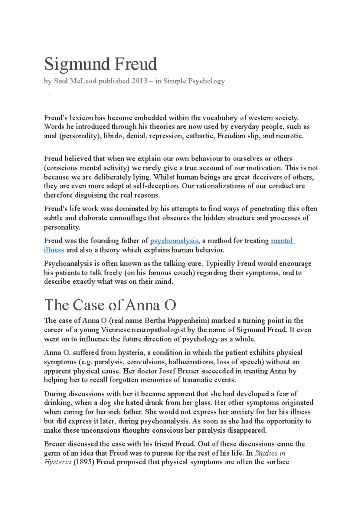 Sigmund Freu1 - Lecture notes 5 - Sigmund Freud Saul McLeod published ...