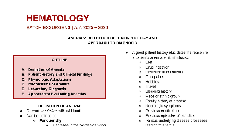 HEMATOLOGY 2025-2026: ANEMIAS - RBC MORPHOLOGY & DIAGNOSIS OUTLINE ...