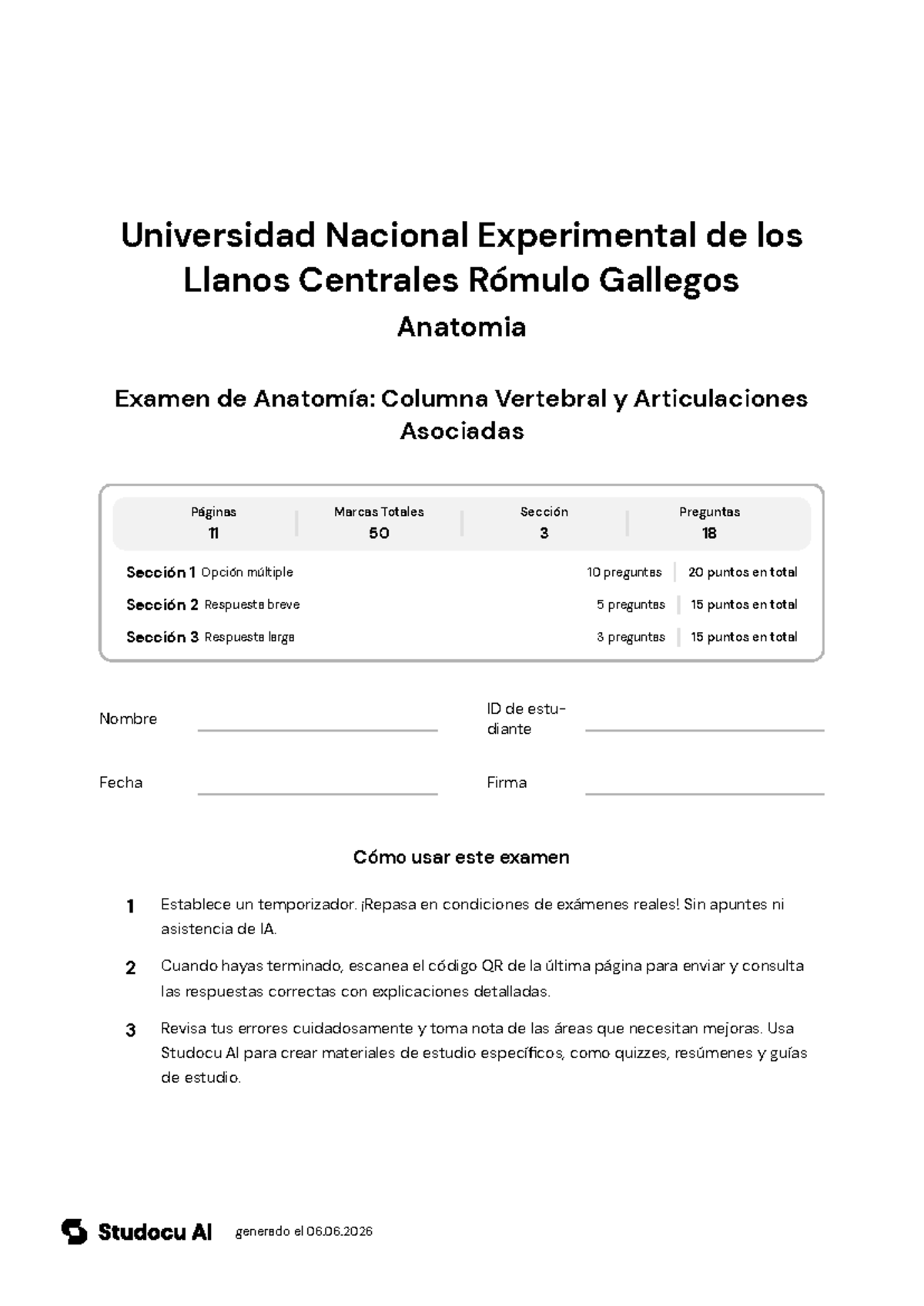 Examen de Anatomía: Columna Vertebral y Articulaciones - Studocu