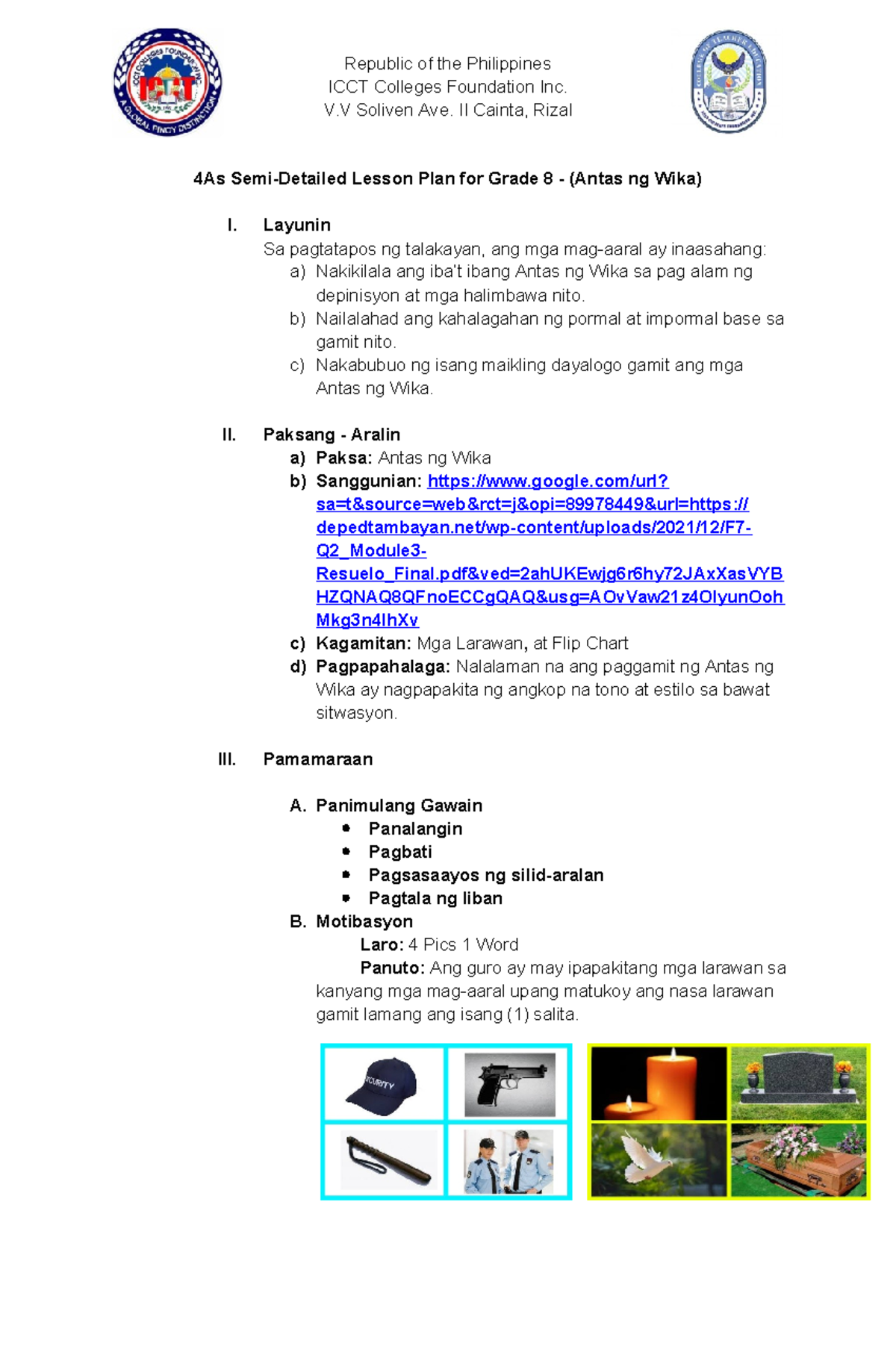 Final Lesson Plan on Antas ng Wika for Grade 8 (ICCT) - Studocu