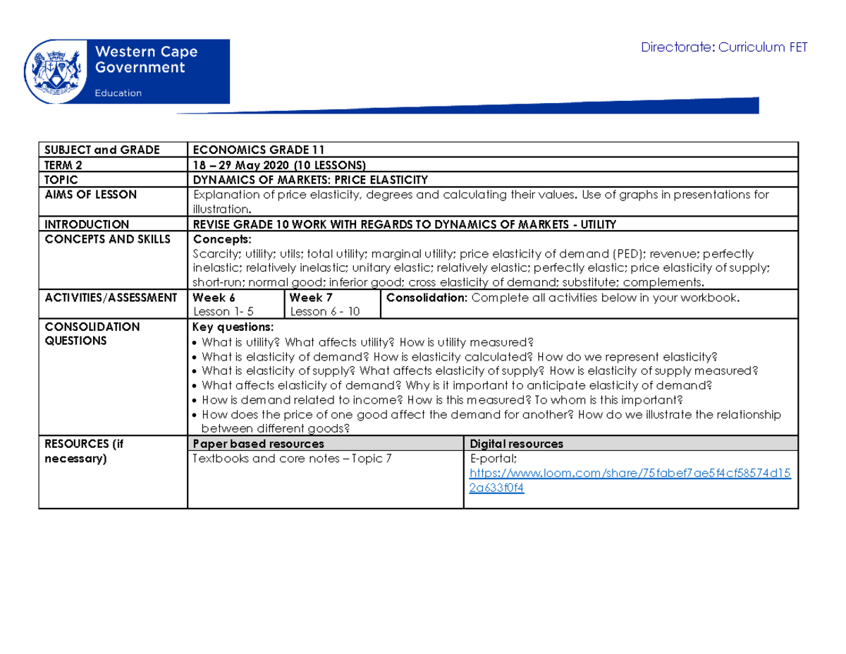 Grade 11 Economics Lesson Plan: Weeks 6 & 7 on Price Elasticity - Studocu