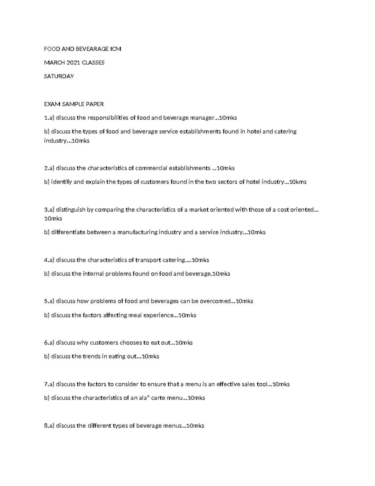 FOOD AND BEVERAGE ICM MARCH 2021 SATURDAY EXAM SAMPLE PAPER - Studocu