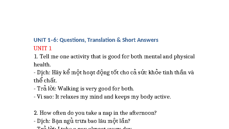 English QA1: Unit 1-6 Questions, Translations & Short Answers - Studocu