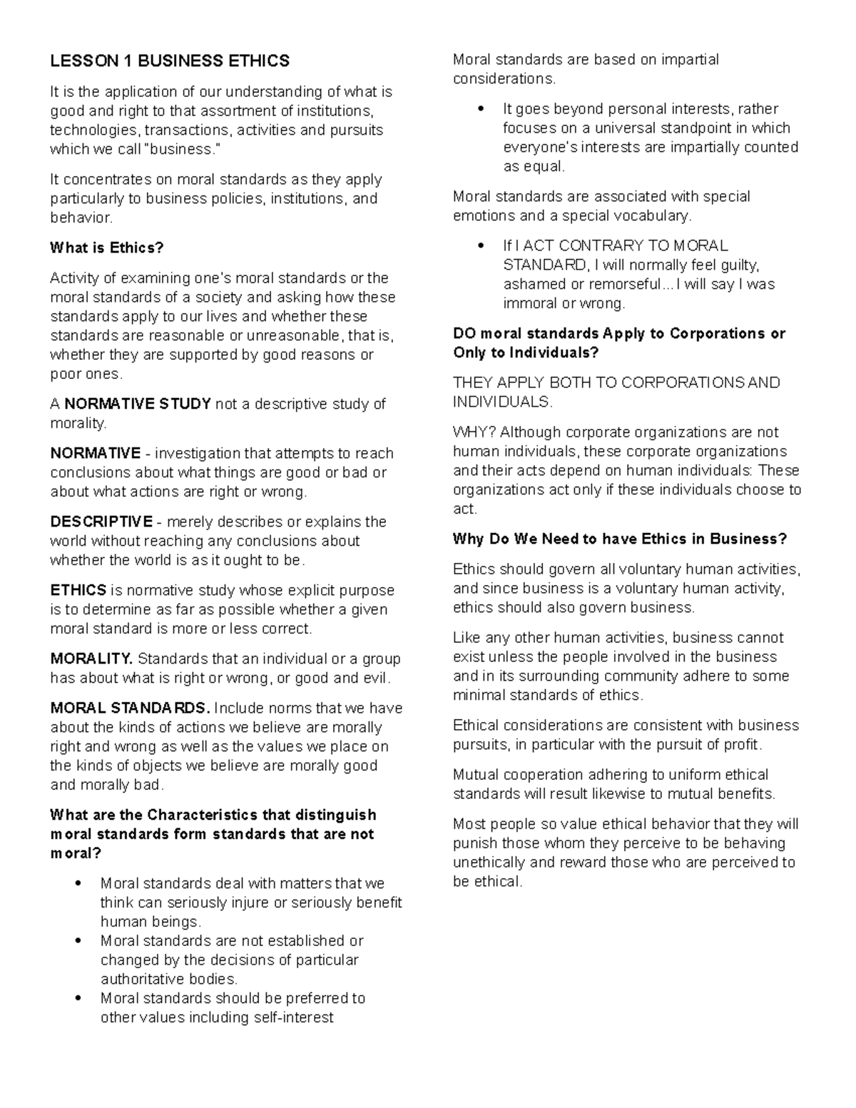 BUSINESS ETHICS LESSON 1: Understanding Moral Standards and Principles ...
