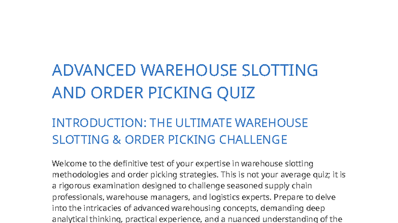 ADVANCED WAREHOUSE SLOTTING AND ORDER PICKING QUIZ (WHS 401) - Studocu