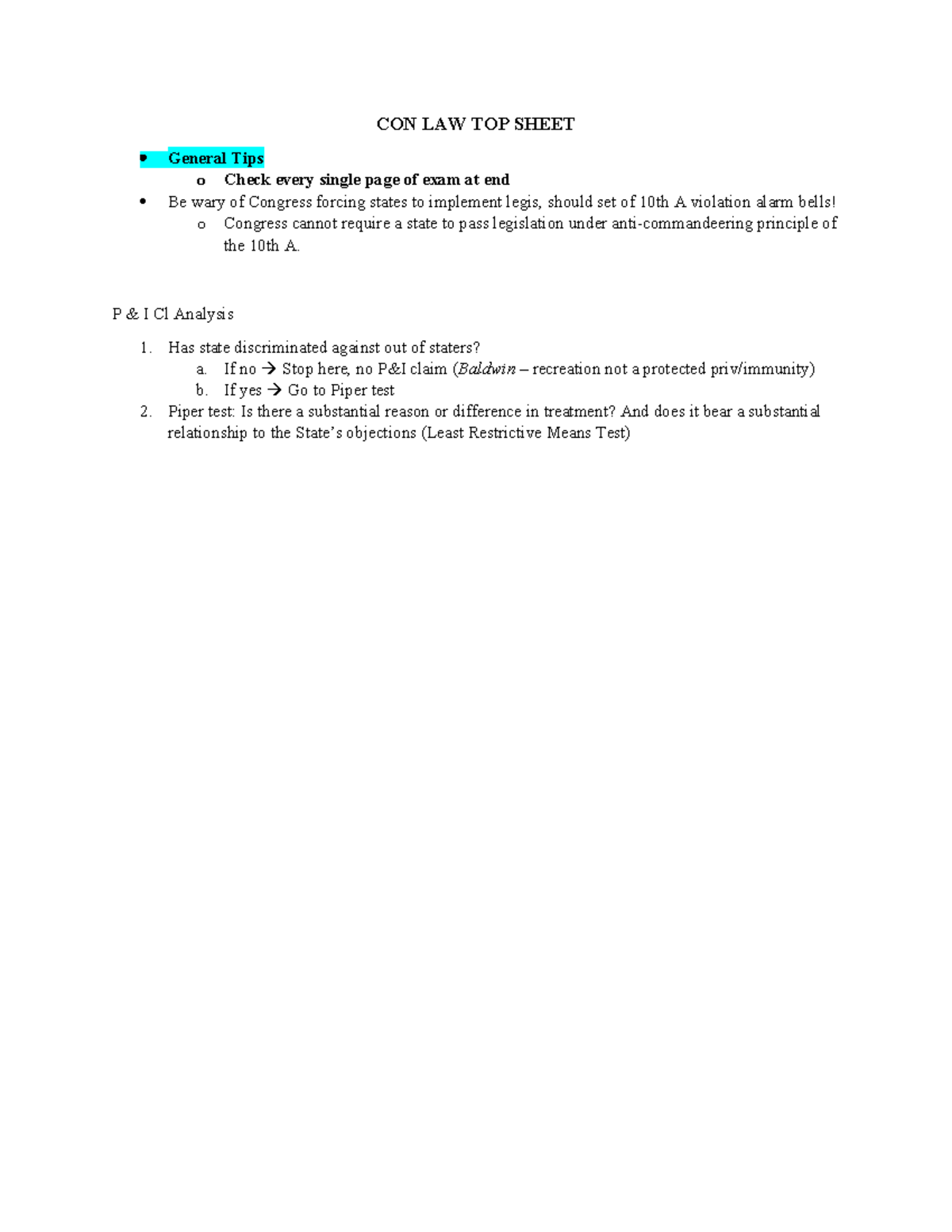 CON LAW TOP Sheet - Key Concepts for Exam Preparation - Studocu