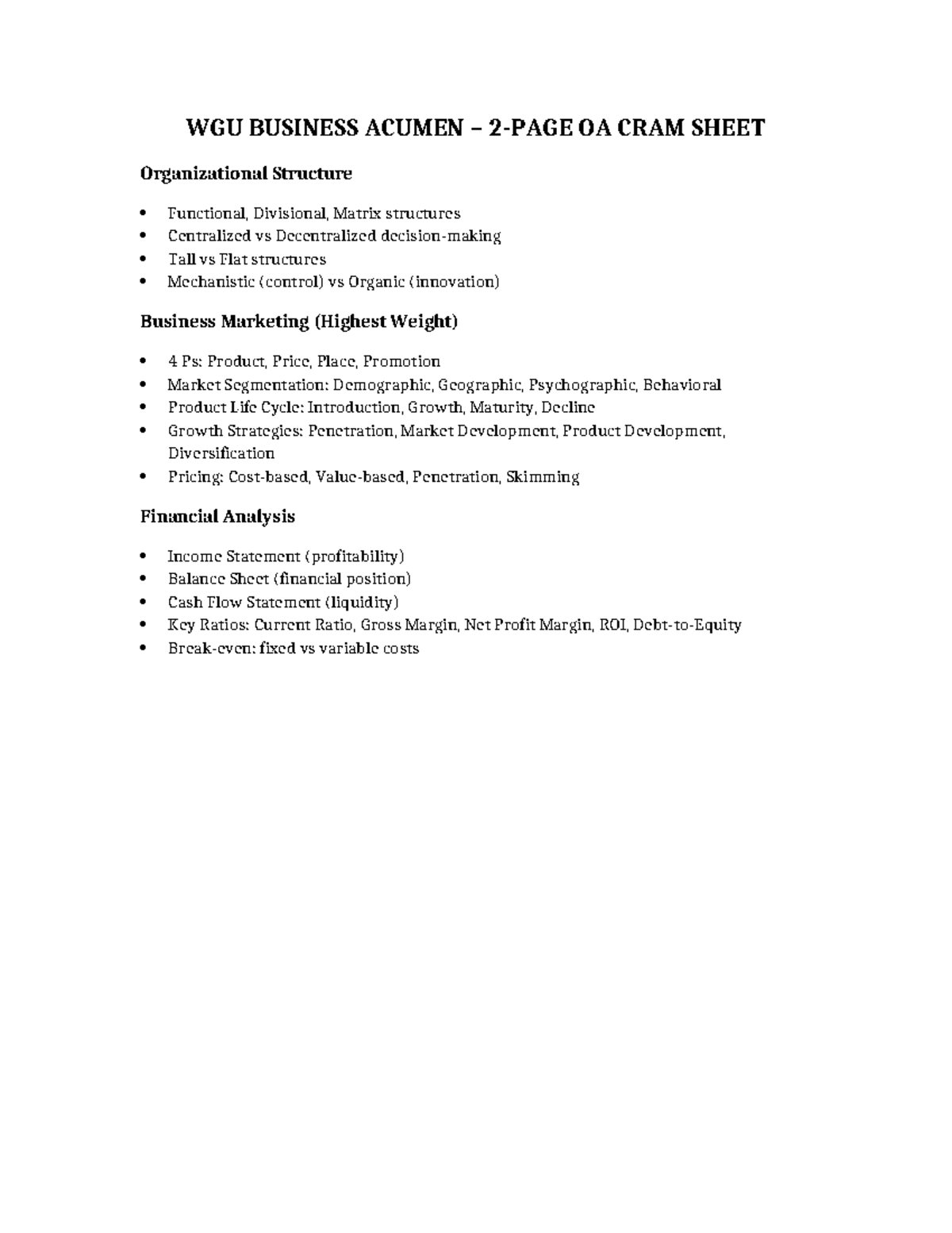 WGU Business Acumen OA Cram Sheet & Practice Questions - Studocu