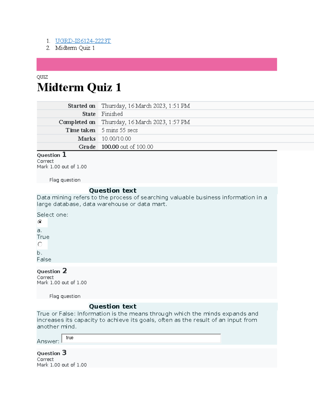 UGRD-IS6124 Midterm Quiz 1: Information Systems Fundamentals - Studocu