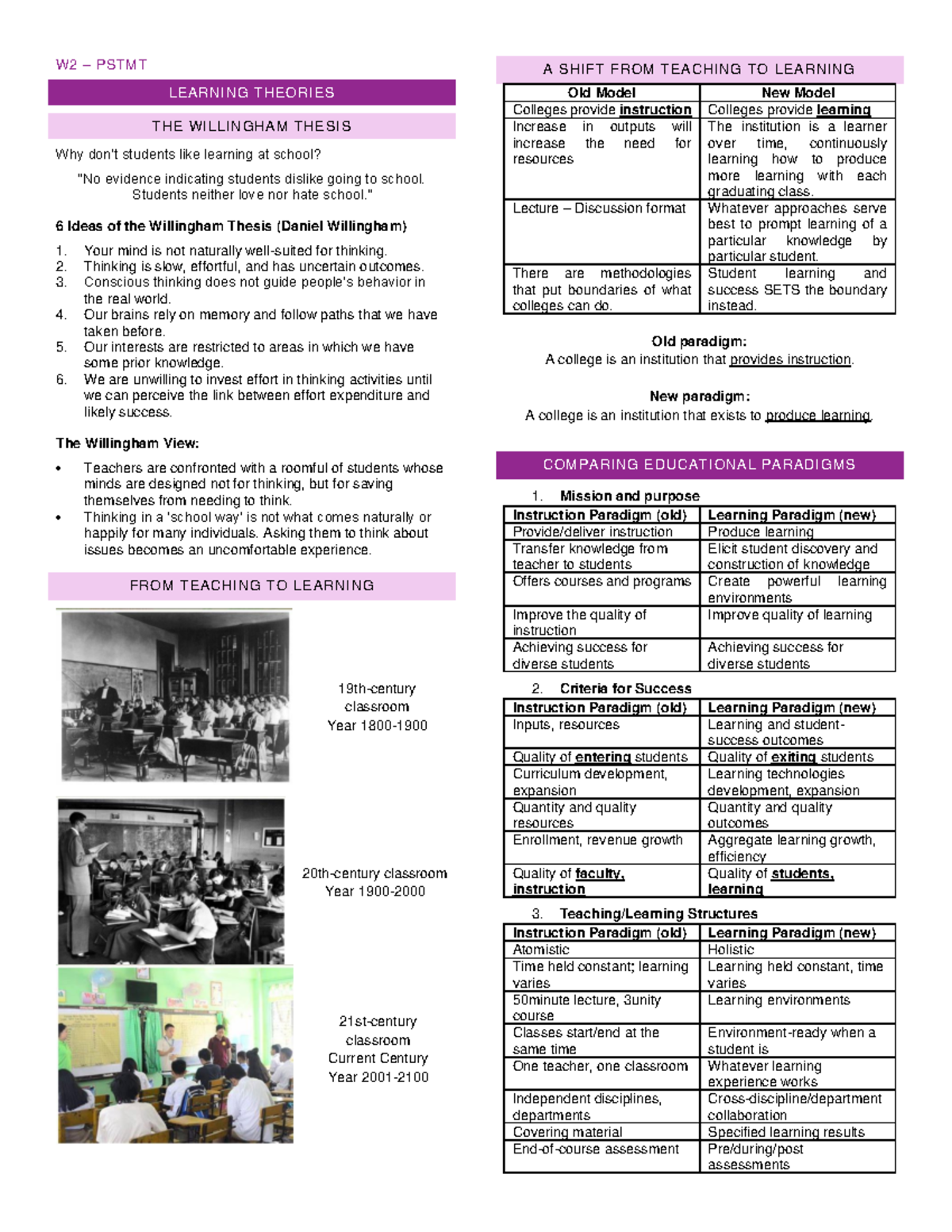 PSTMT - Learning Theories - W2 – PSTMT LEARNING THEORIES THE WILLINGHAM ...