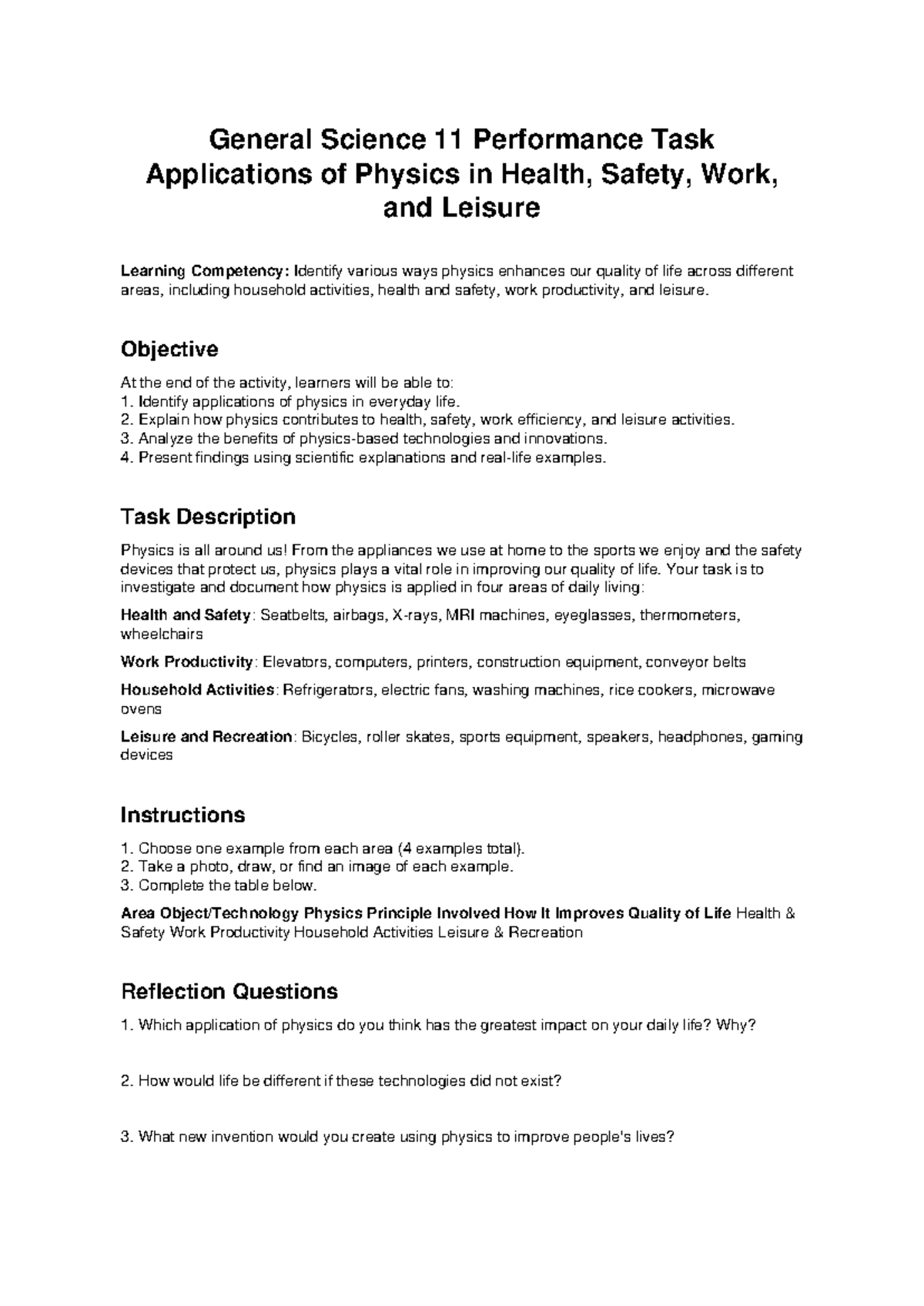 General Science 11 Performance Task: Physics in Daily Life Applications ...