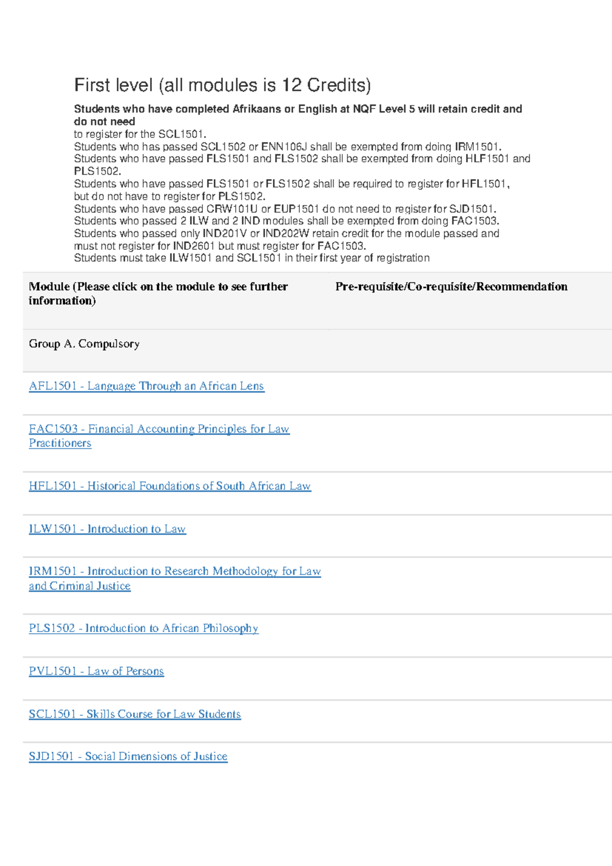 Unisa LLB 4-Year Credit List: Module Prerequisites & Exemptions - Studocu