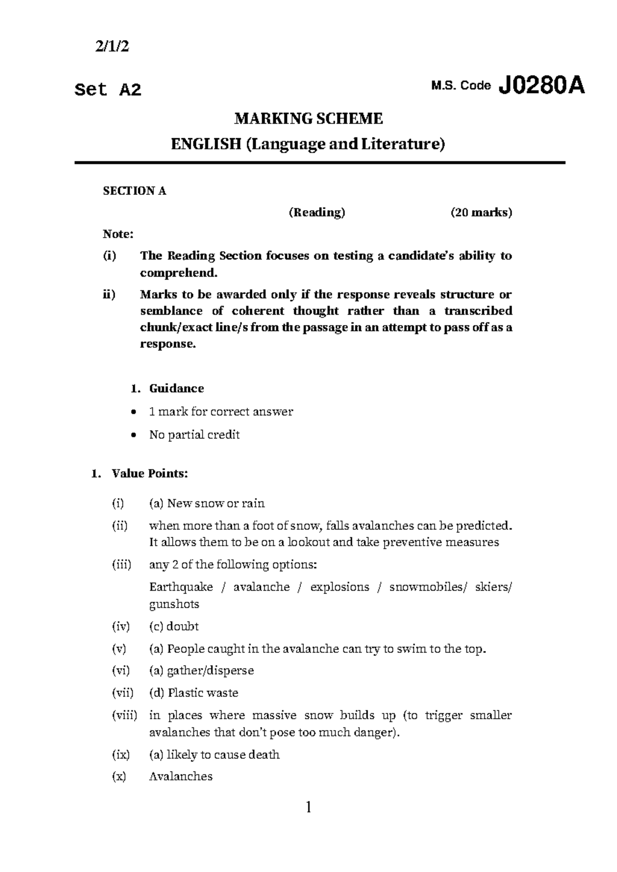 J0280A MARKING SCHEME: ENGLISH (Language & Literature) Practice Set ...
