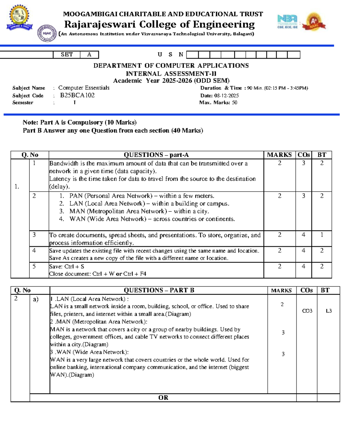 BCA102 Computer Essentials Internal Exam - Set A Notes - Studocu