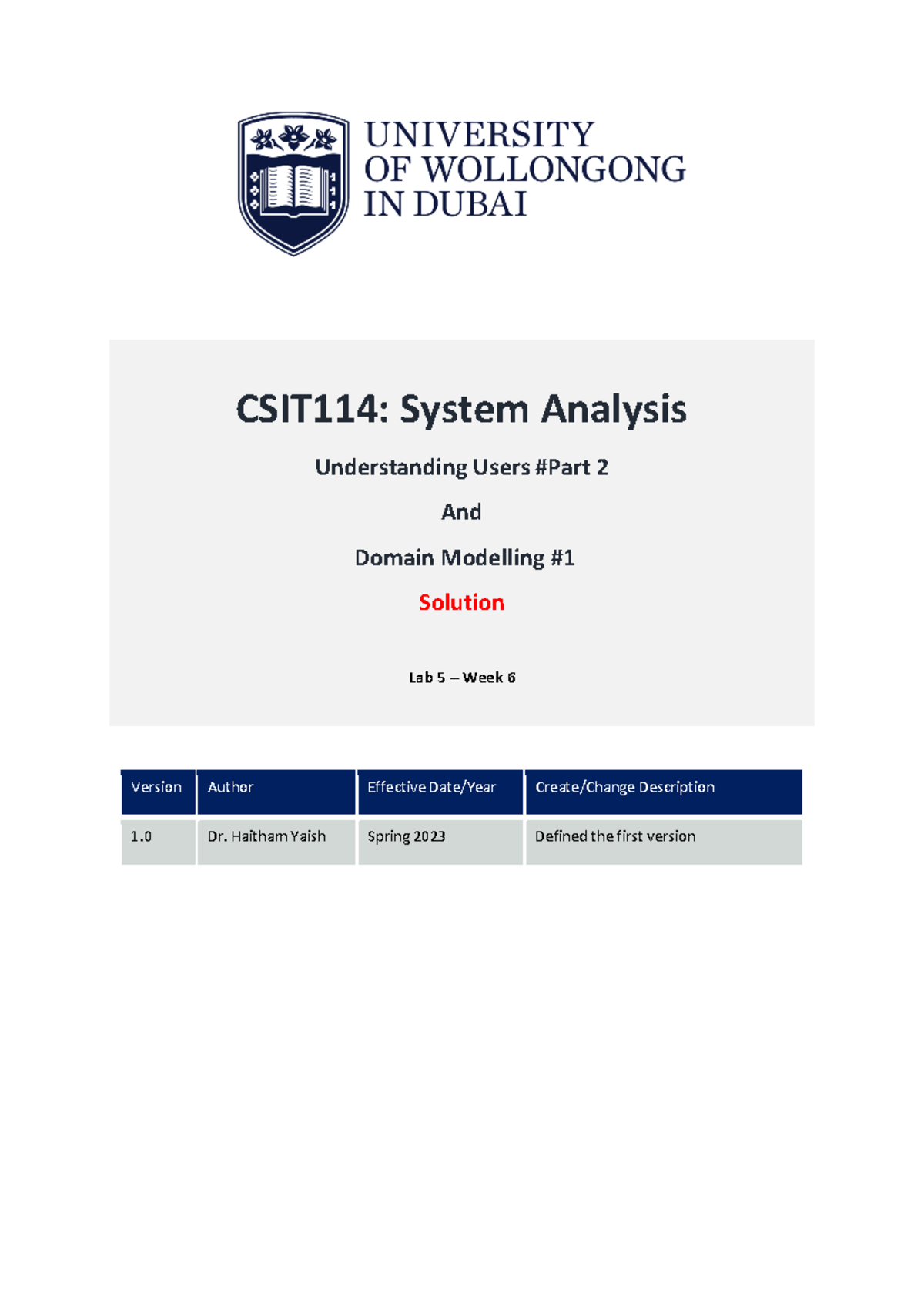 CSIT114 Lab 5 Week 6: User Analysis & Domain Modelling Solutions - Studocu