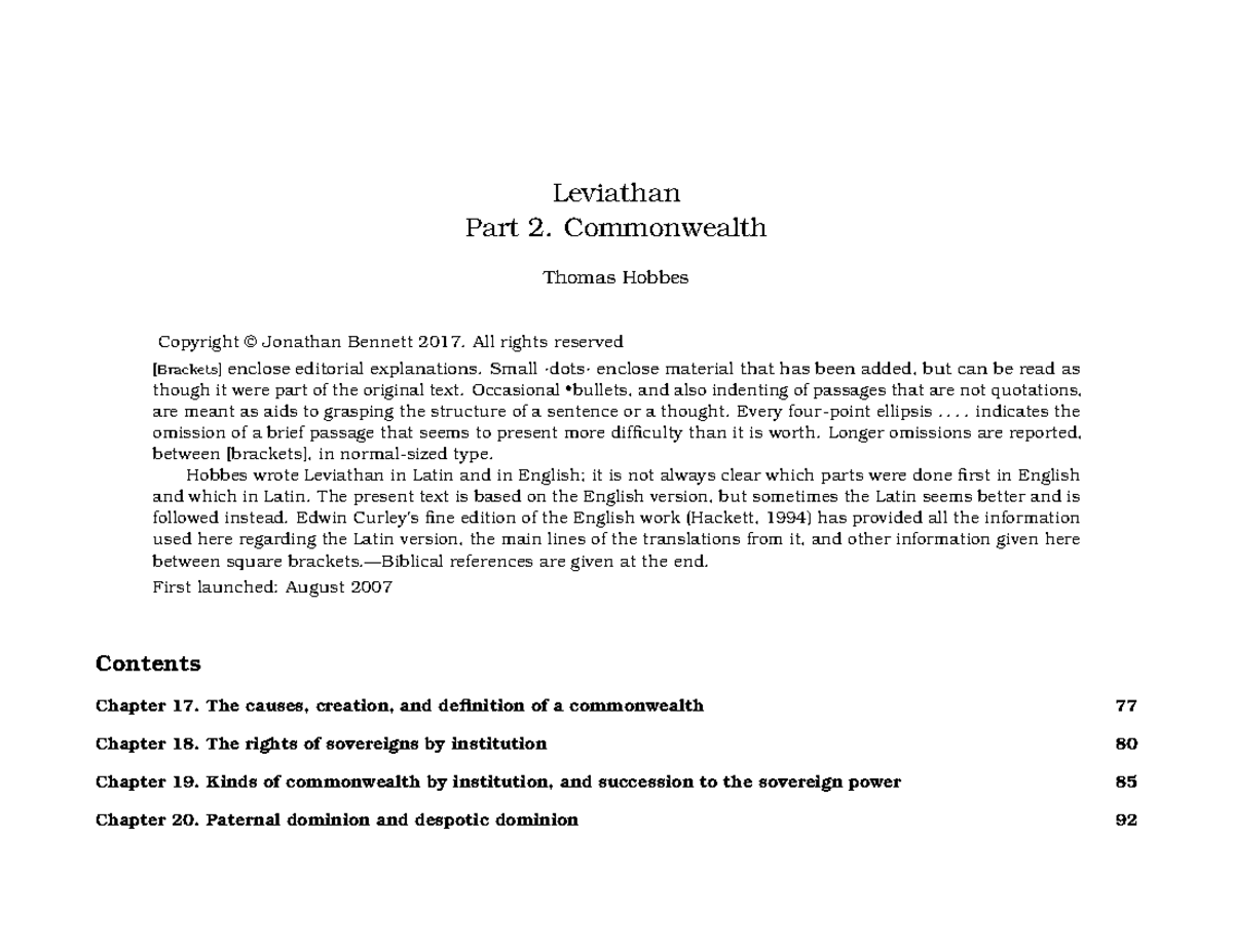 Leviathan, Part 2: The Commonwealth Chapters 17-31 Analysis - Leviathan ...