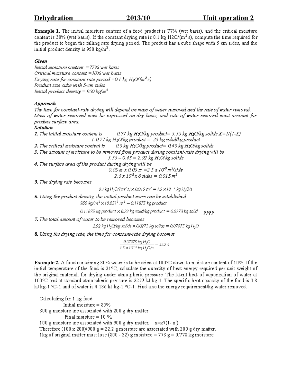 Drying Operation Calculations - DEHY 2013/10 Unit Operation 2 - Studocu
