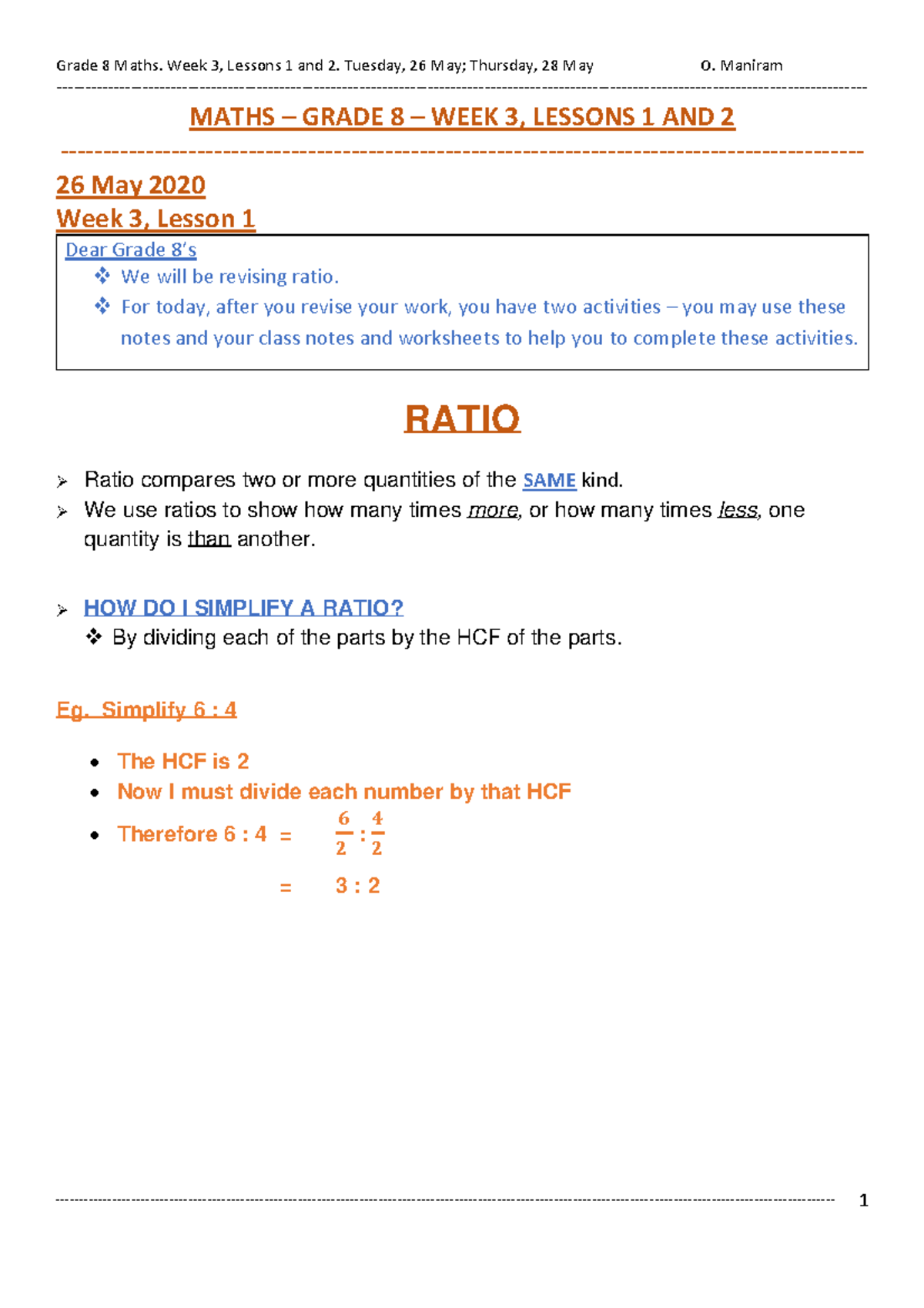Grade 8 Maths MATHS: Week 3 Lessons 1 & 2 on Ratios - Studocu