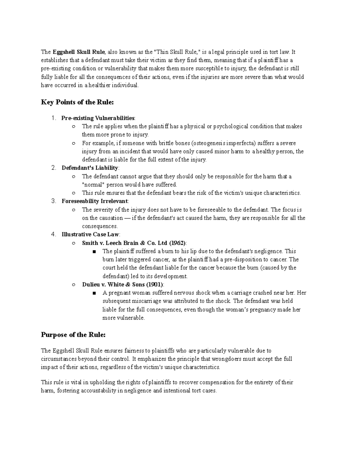 EGS 101: Understanding the Eggshell Skull Rule in Tort Law - Studocu