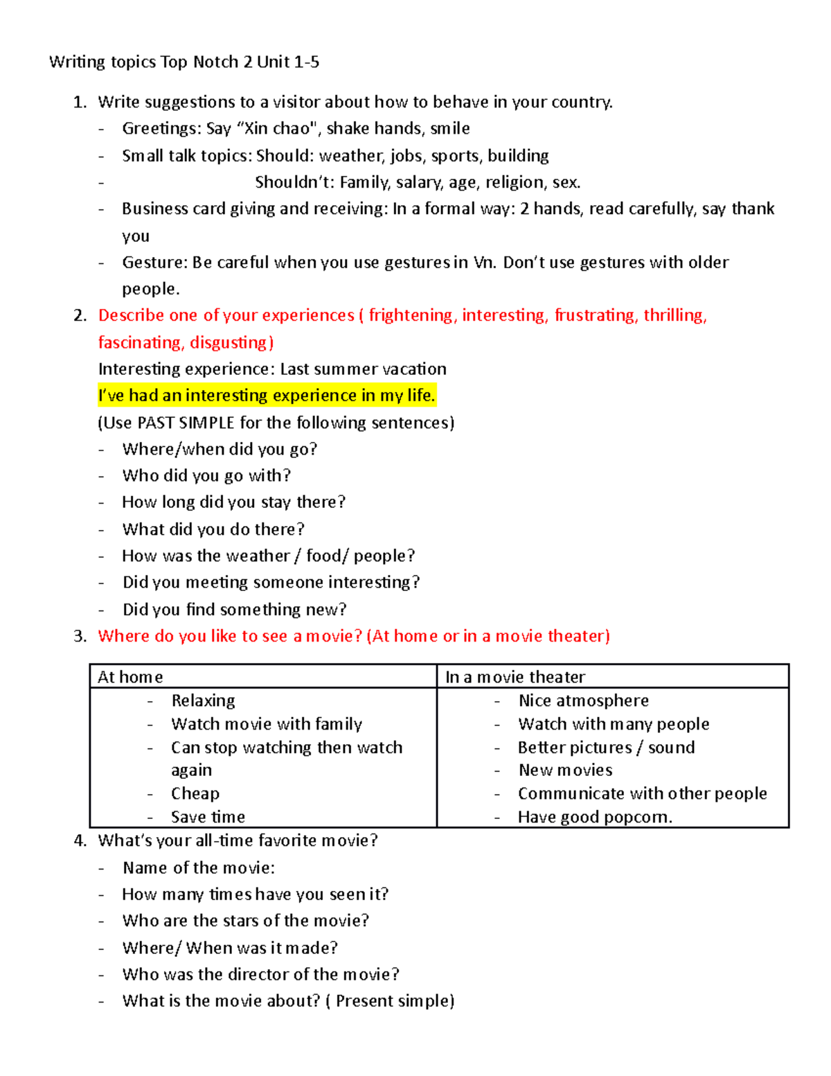 Top Notch 2 Writing Topics: Units 1-10 Overview and Suggestions - Studocu