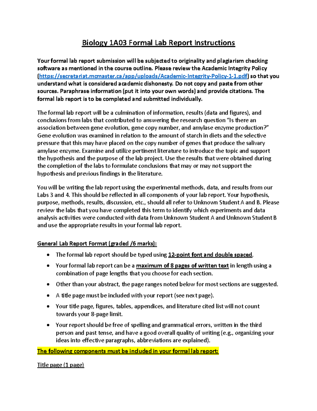 Biology 1A03 Formal Lab Report Guidelines and Structure - Studocu