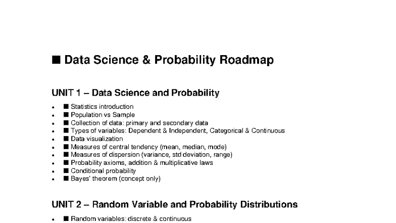 Data Science & Probability Overview: UNIT 1-5 Guide - Studocu