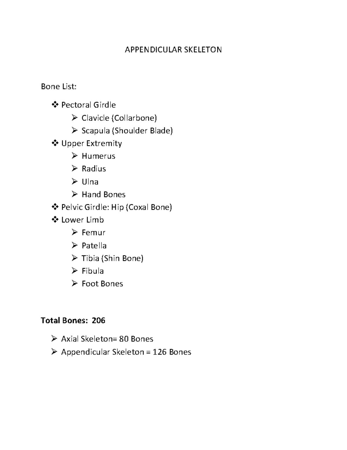 APPENDICULAR SKELETON: Comprehensive Bone List and Details - Studocu