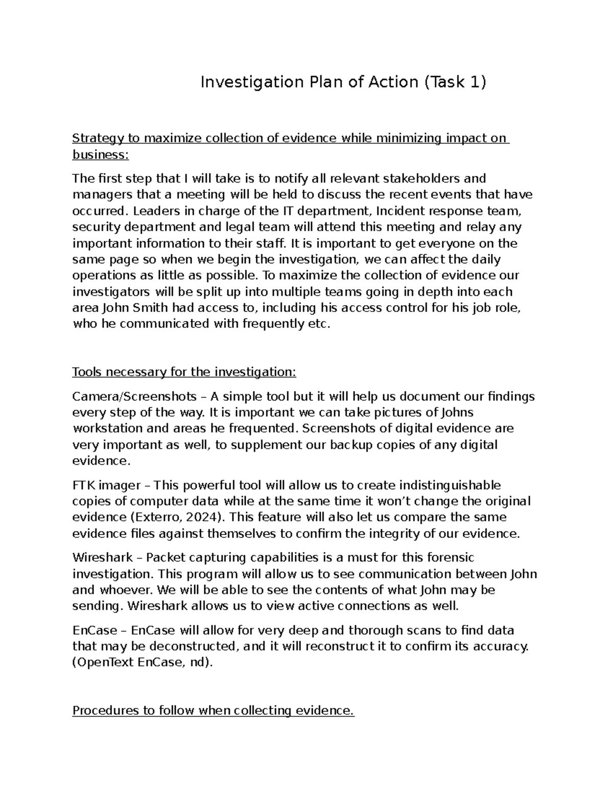 D431 Task 1 - Investigation Plan for Evidence Collection - Studocu