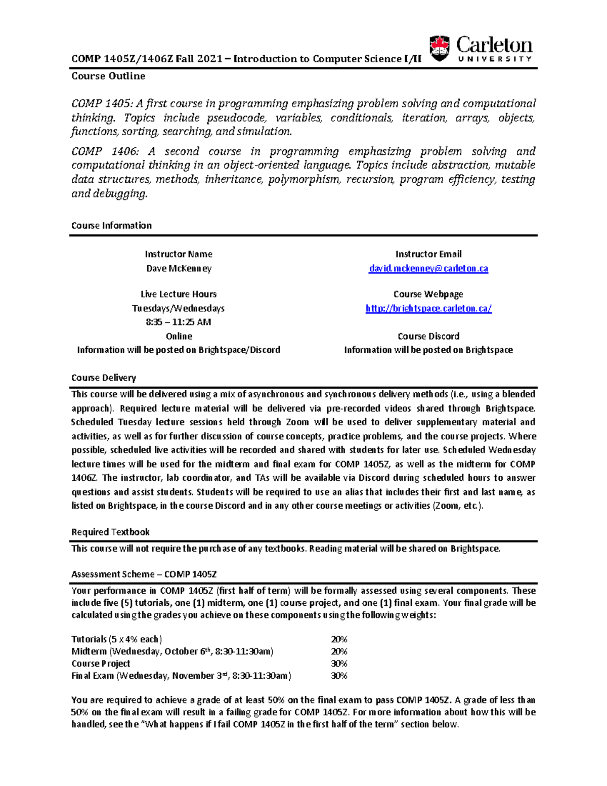 COMP 1405Z Fall 2021 Introduction to Computer Science Syllabus - Studocu