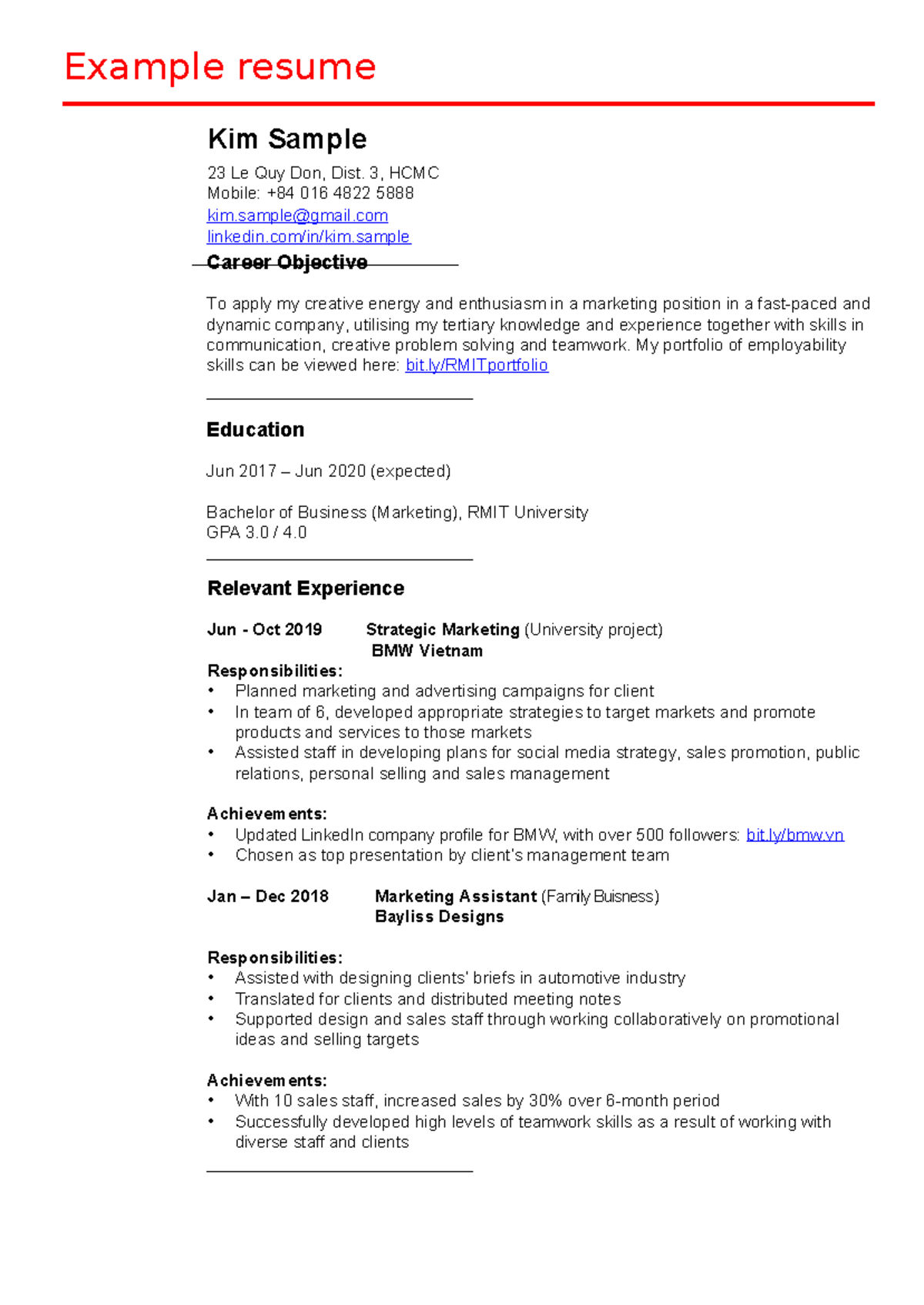 Kim Sample (RMIT Example 2019 without explanations) - Example resume ...