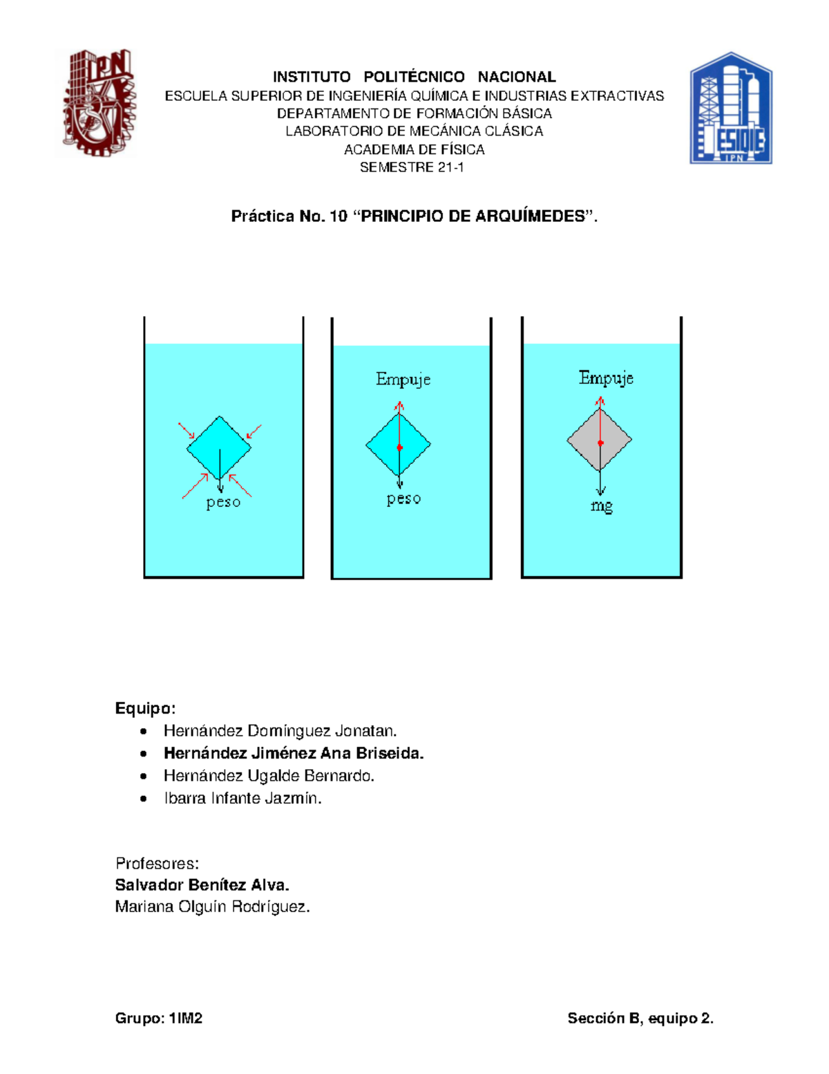 Práctica 10: Principio de Arquímedes - Escuela de Ingeniería Química - Studocu