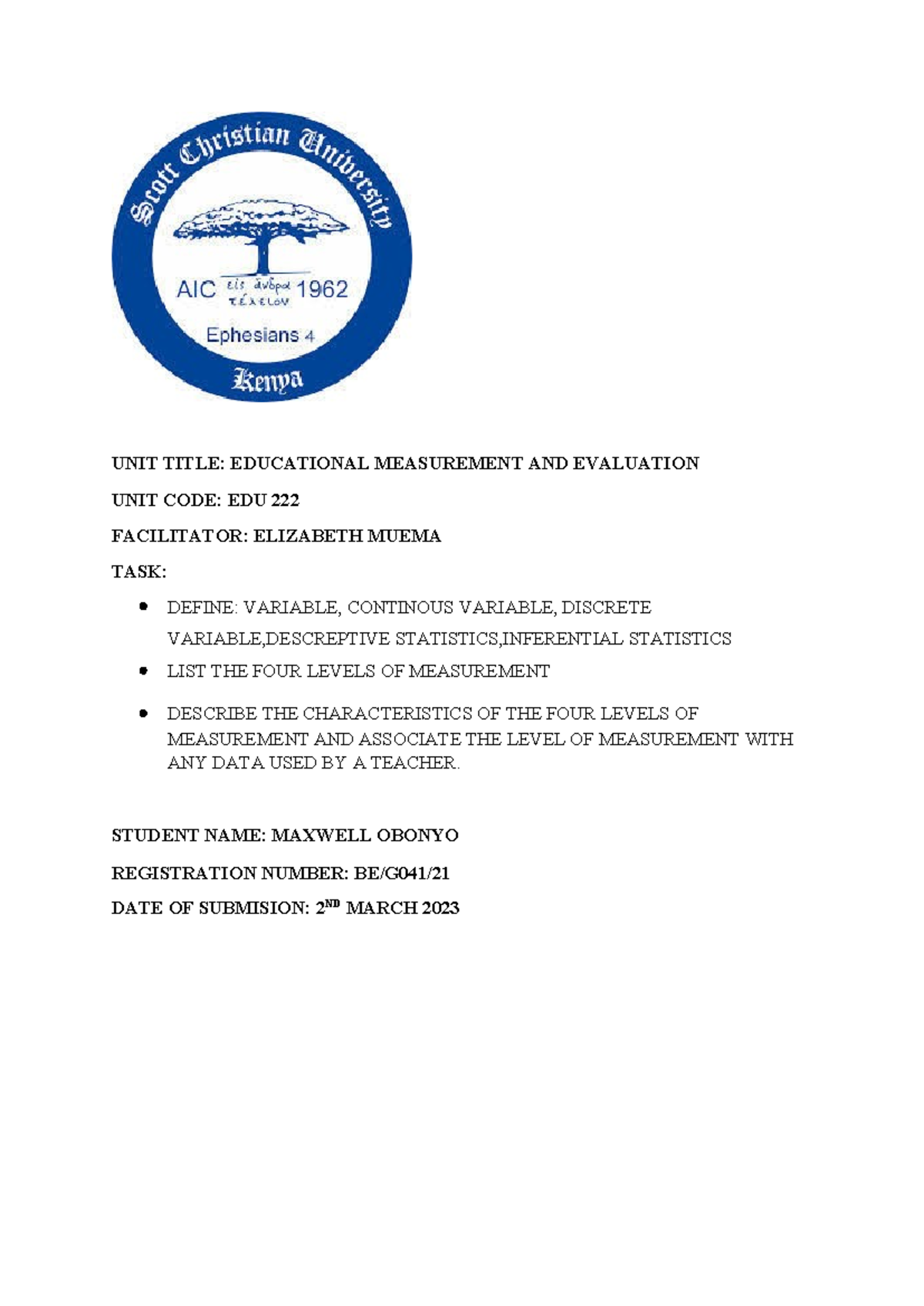 EDU Measurement & Evaluation CAT 2: Variables & Levels of Measurement ...