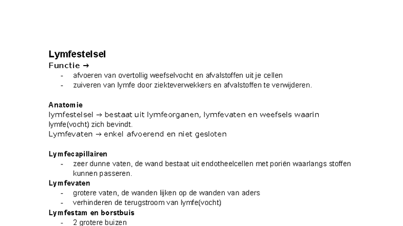 Biologie Lymfestelsel - Samenvatting van Functies en Anatomie - Studocu