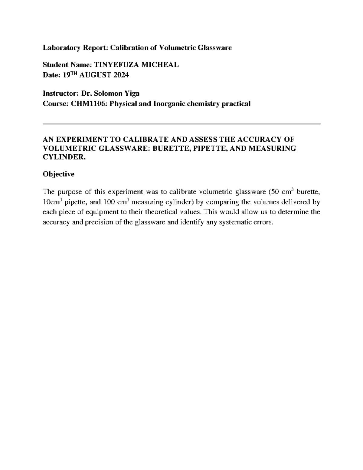 CHM1106: Lab Report on Calibration of Volumetric Glassware Accuracy ...