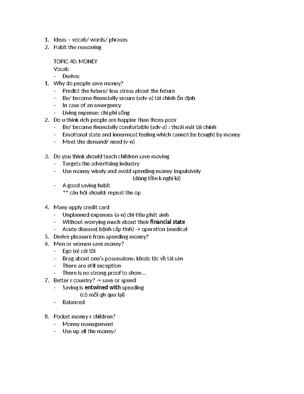IELTS Ideas: Money Vocabulary and Saving Habits Notes - Studocu