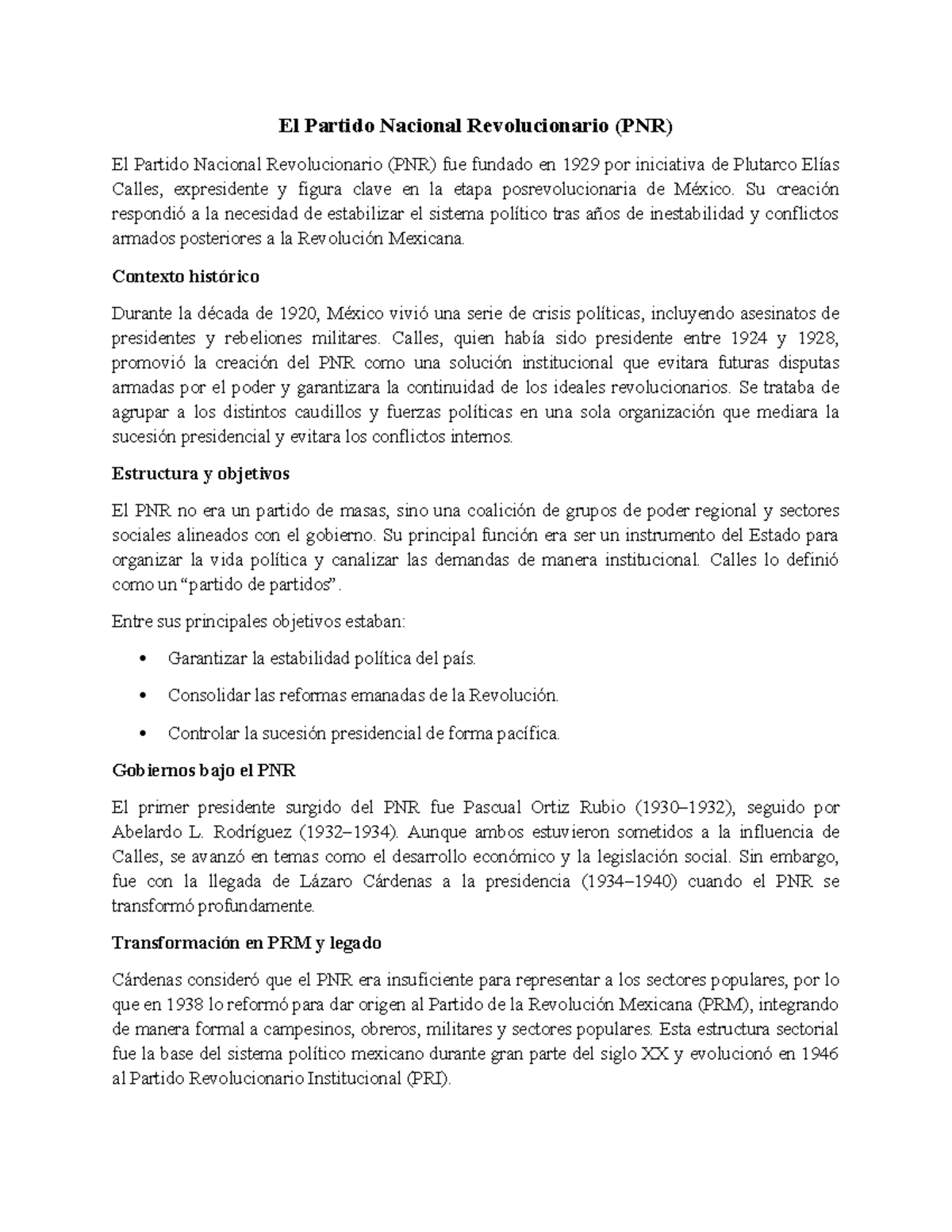 El Partido Nacional Revolucionario (PNR): Historia y Legado - Studocu