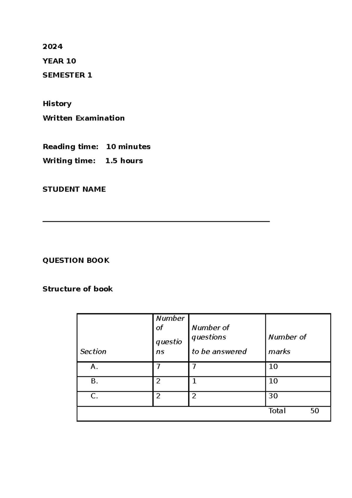 2024 Year 10 Semester 1 History Practice Exam Guide - Studocu