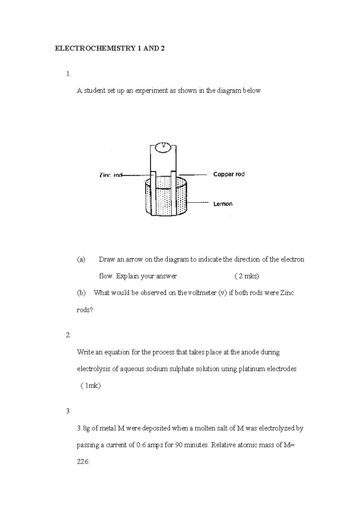 Electrochemistry Quiz: Concepts and Calculations (Course Code: EC101 ...