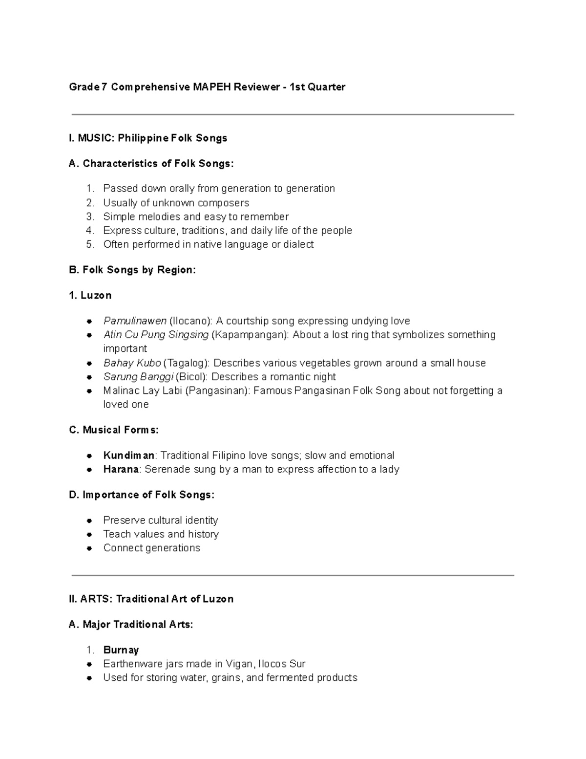 Grade 7 MAPEH 1st Quarter Comprehensive Reviewer - Studocu