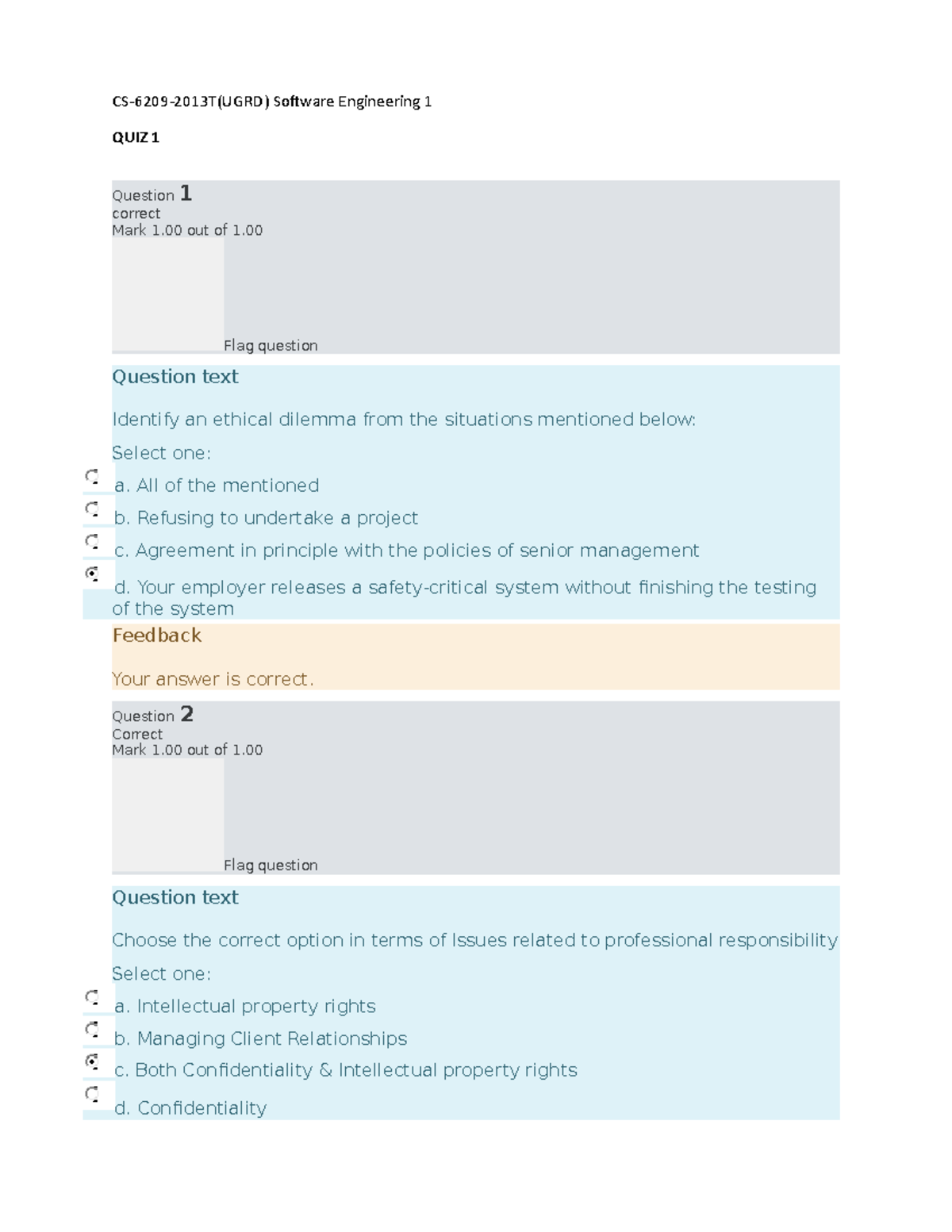 Software Engineering 1 QUIZ 1 - QUIZ 1 Question 1 correct Mark 1 out of ...