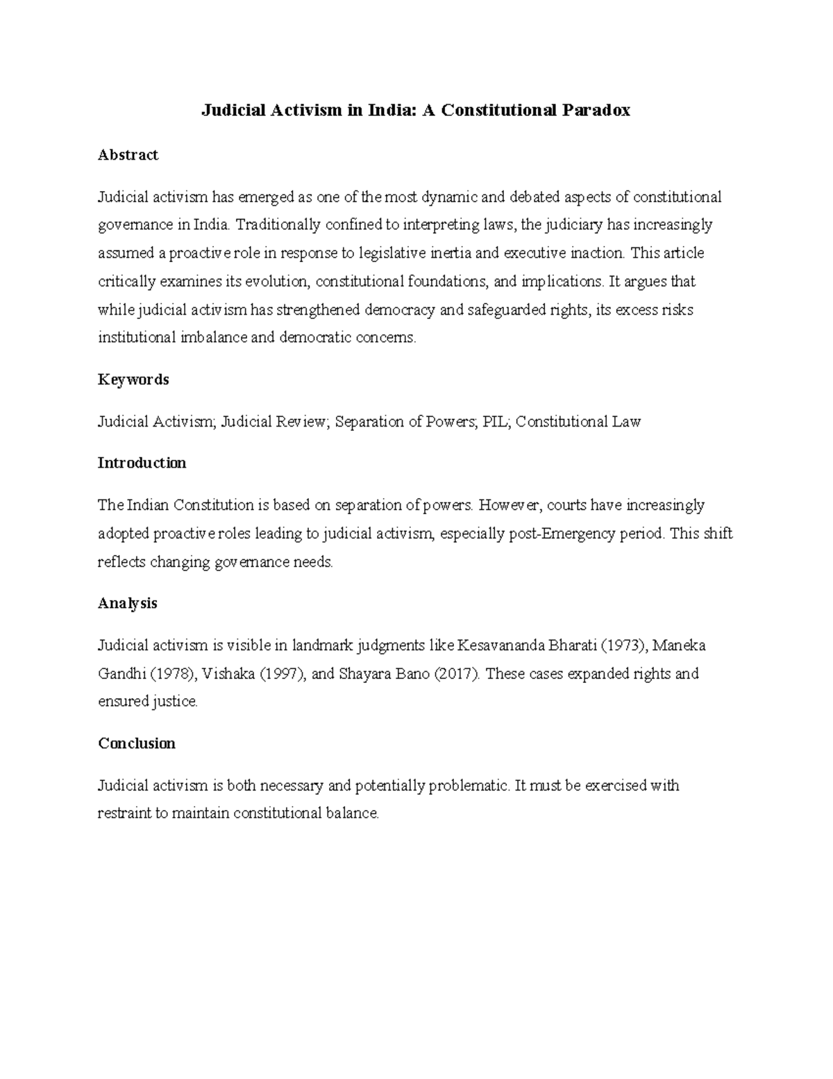 Final Journal Article on Judicial Activism in India: A Constitutional ...