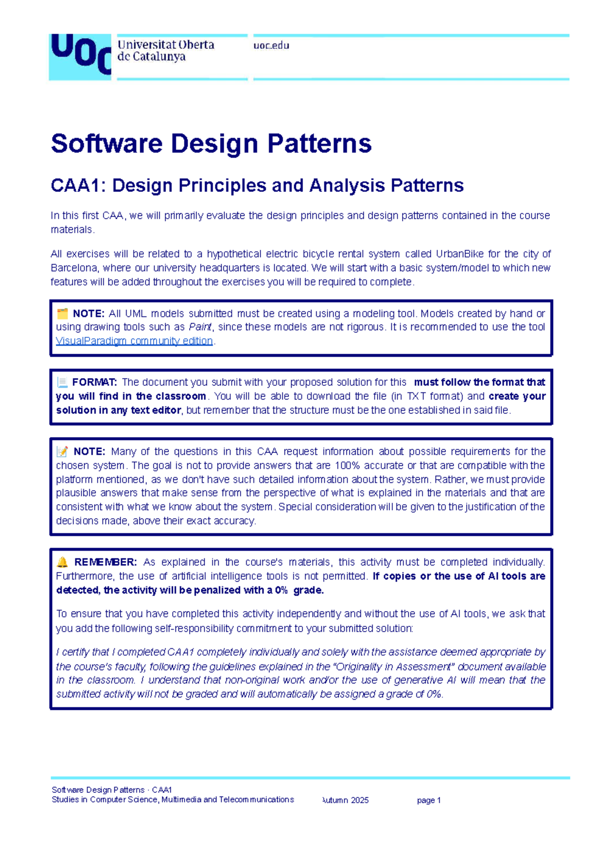 Software Design Patterns CAA1: Principles & Patterns for UrbanBike ...