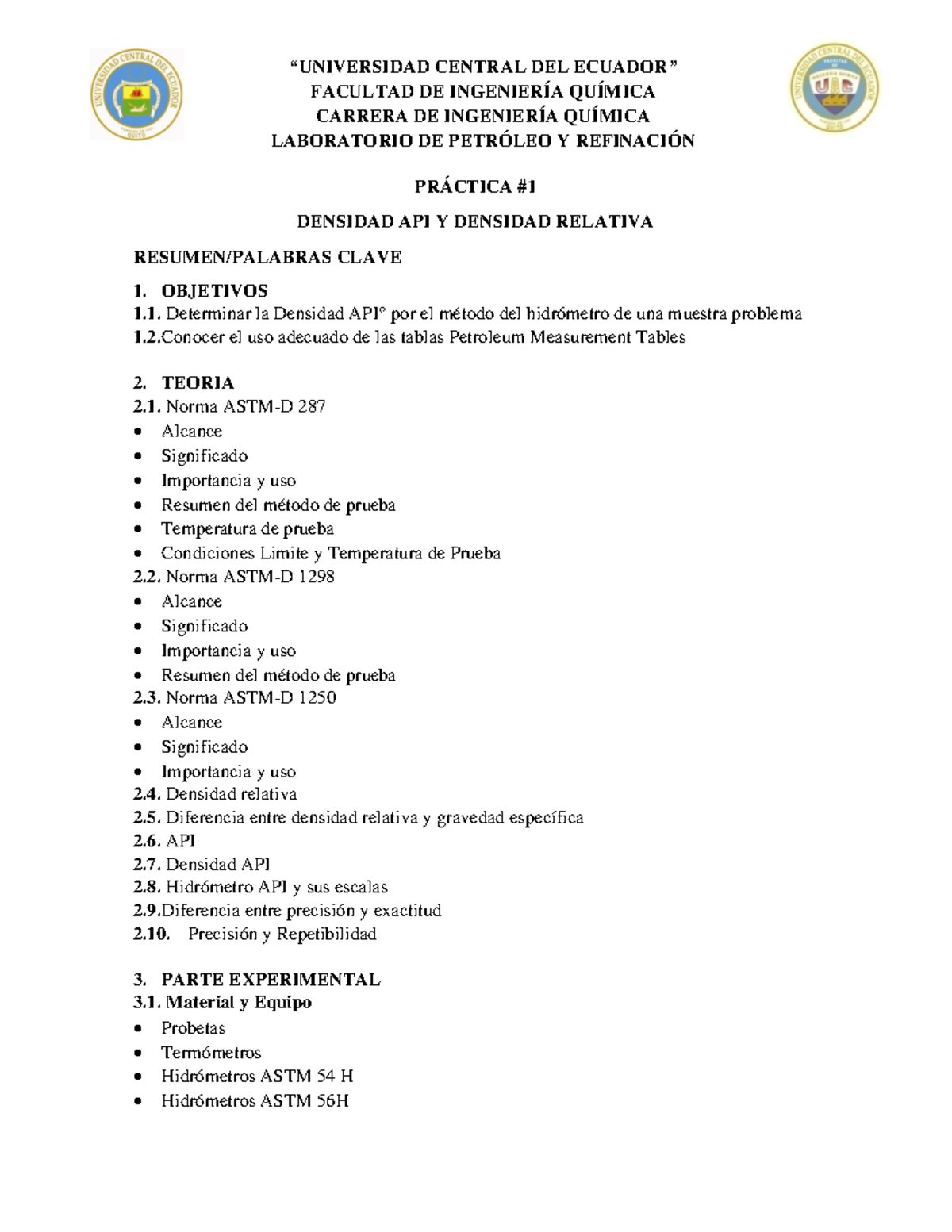 Práctica N°1: Determinación de Densidad API y Relativa en Petróleos ...