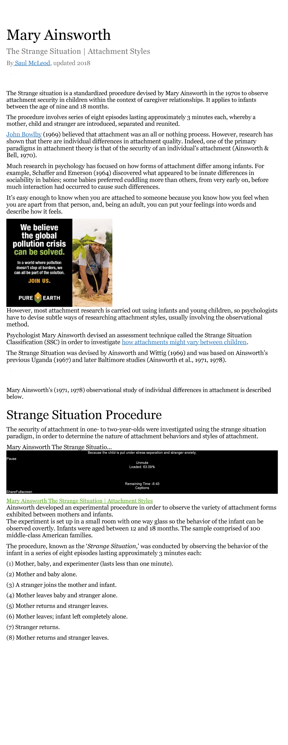 Mary Ainsworth's Strange Situation: Exploring Attachment Styles - Studocu