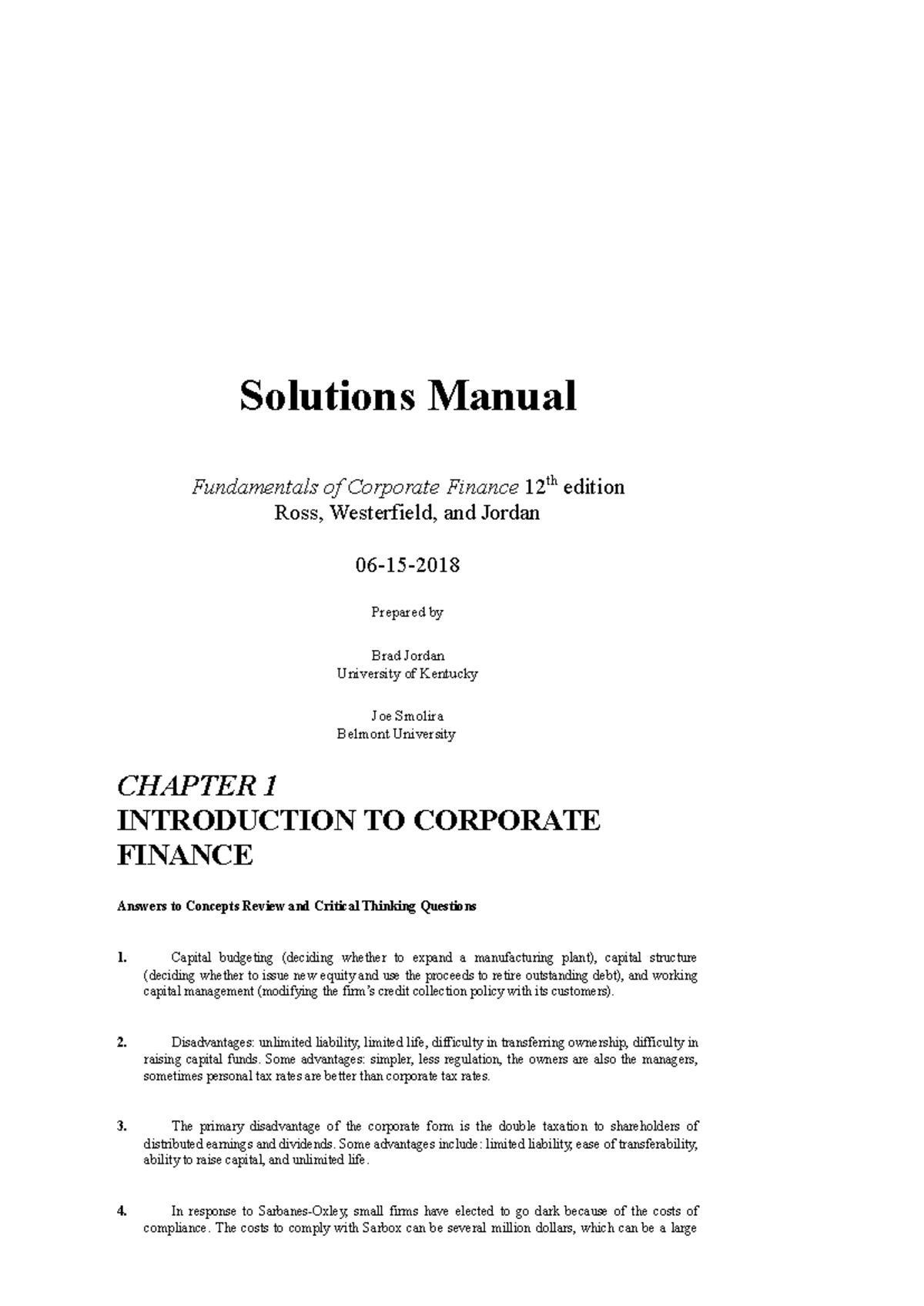 Fundamentals of Corporate Finance 12th Edition: Solutions Manual Analysis - Studocu