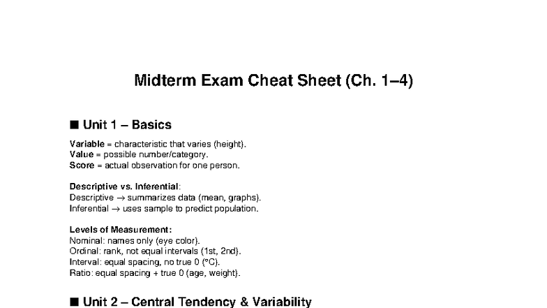 Social Stats Midterm Exam Cheat Sheet: Units 1 & 2 Overview - Studocu