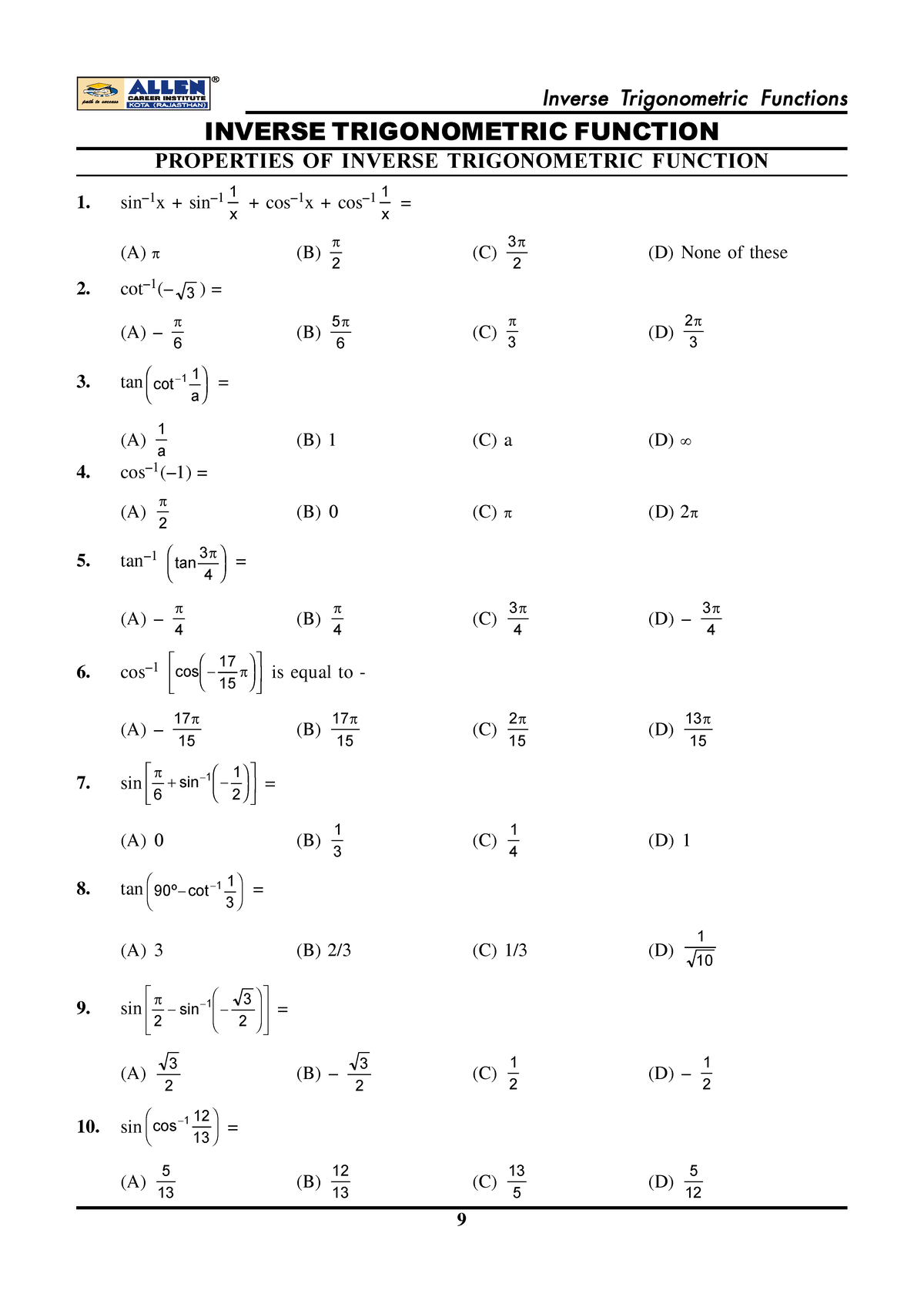 Inverse Trigonometric Functions ITF Quiz Practice Questions and ...