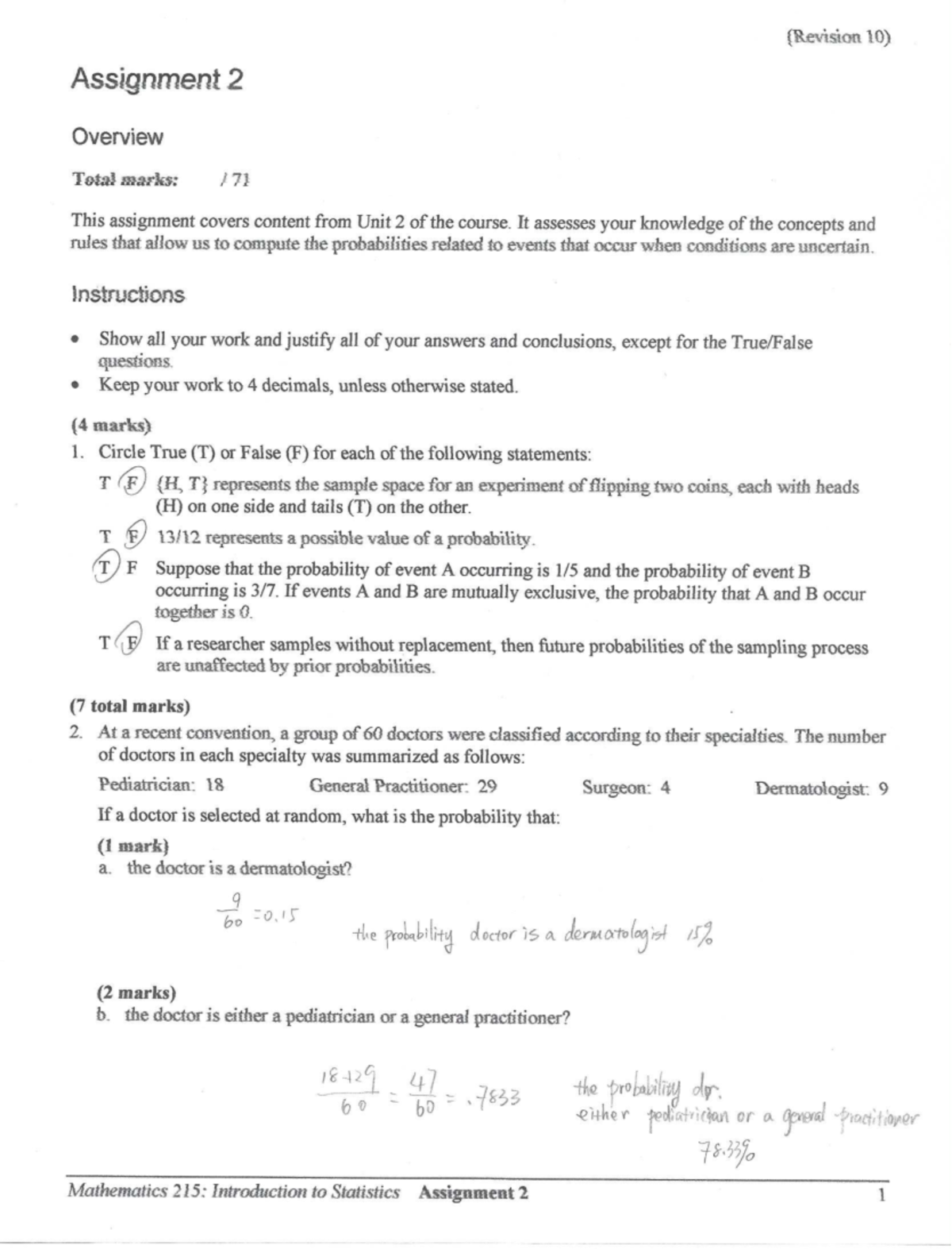 Mathematics 215: Introduction to Statistics - Assignment 2 Overview - Studocu
