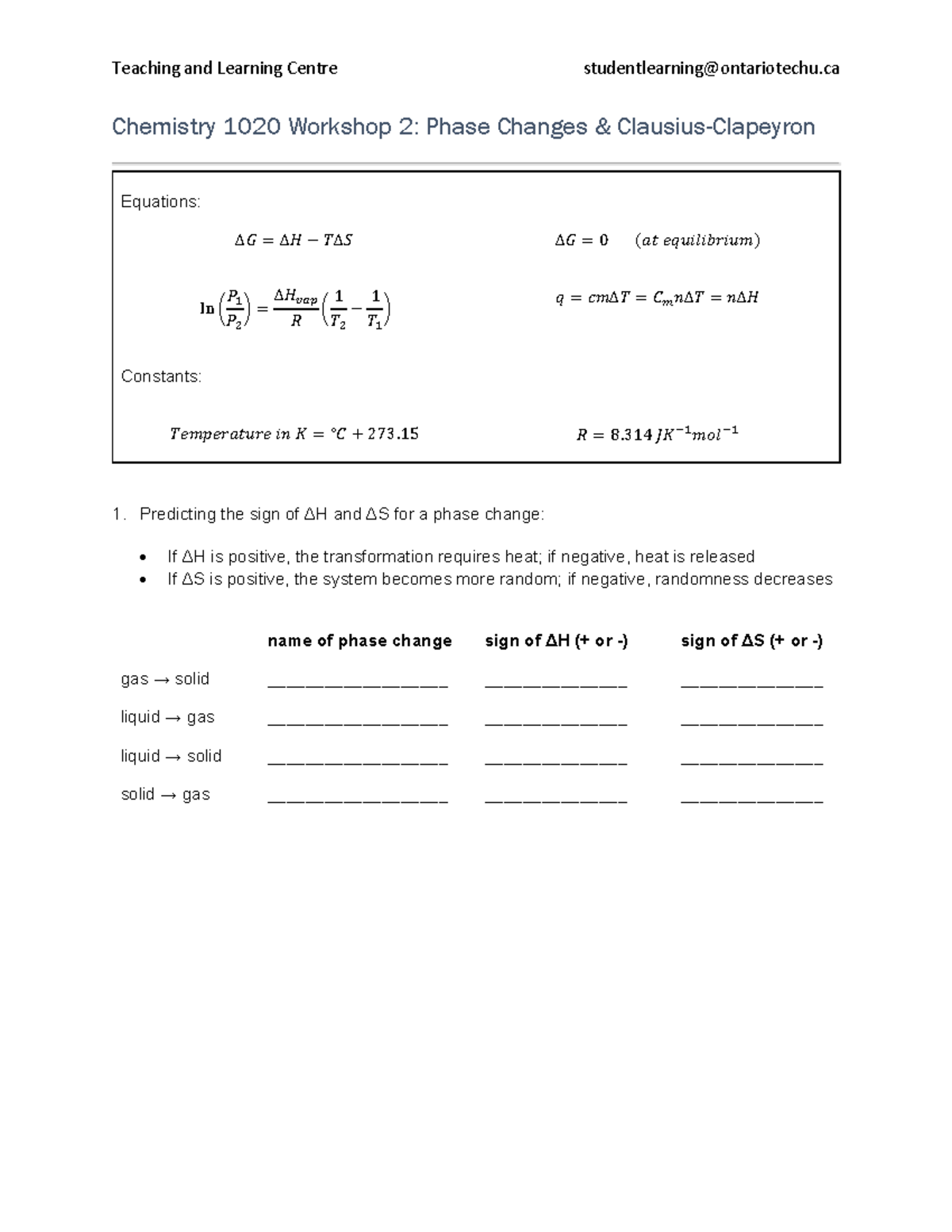 Chemistry 1020 WS 2: Phase Changes & Thermodynamic Equations - Studocu